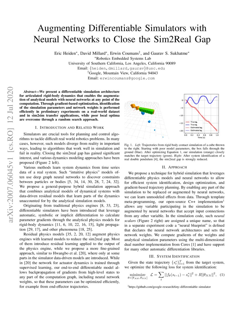 Augmenting Differentiable Simulators With Neural Networks To Close The Sim2real Gap Deepai