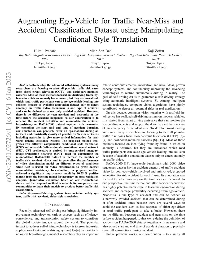 Augmenting Ego Vehicle For Traffic Near Miss And Accident Classification Dataset Using 2755