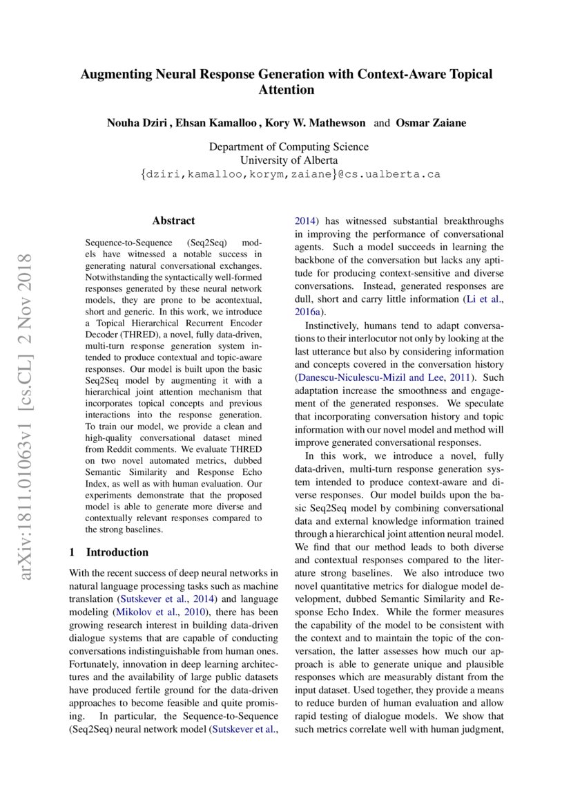 Augmenting Neural Response Generation With Context Aware Topical Attention Deepai
