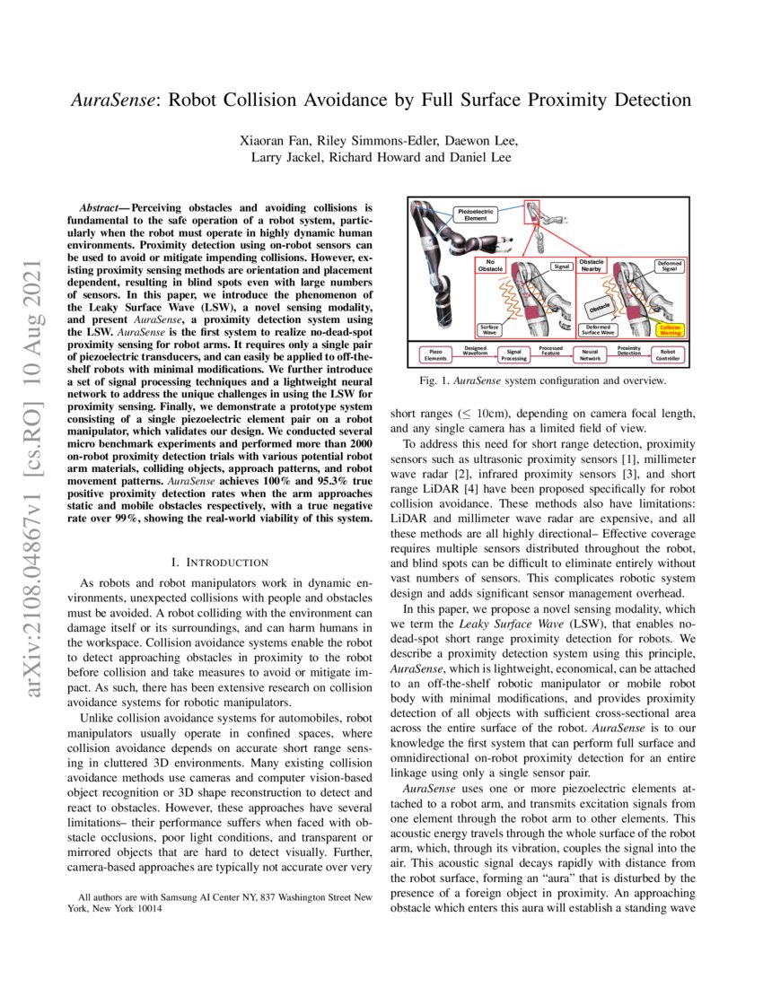 Aurasense Robot Collision Avoidance By Full Surface Proximity Detection Deepai