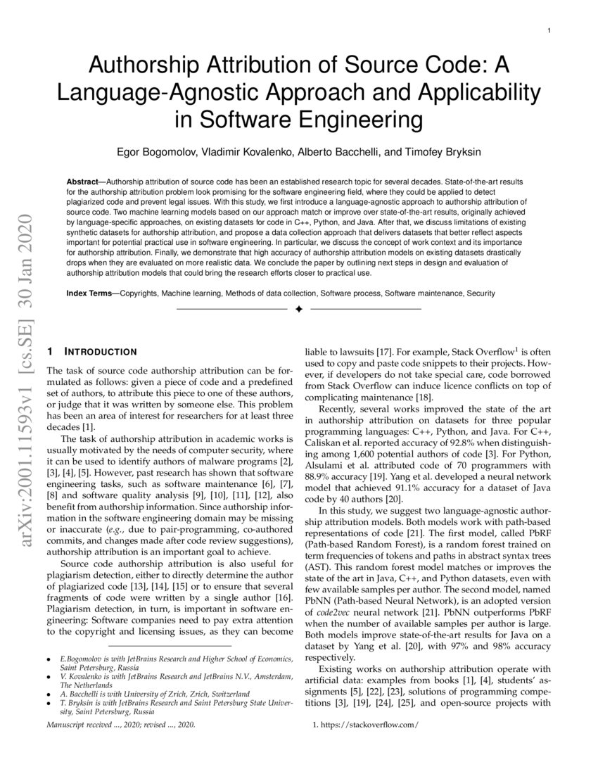 Authorship Attribution Of Source Code A Language Agnostic Approach And Applicability In