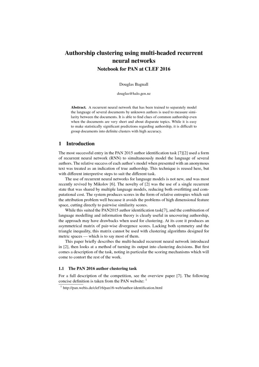 Authorship clustering using multi-headed recurrent neural networks | DeepAI