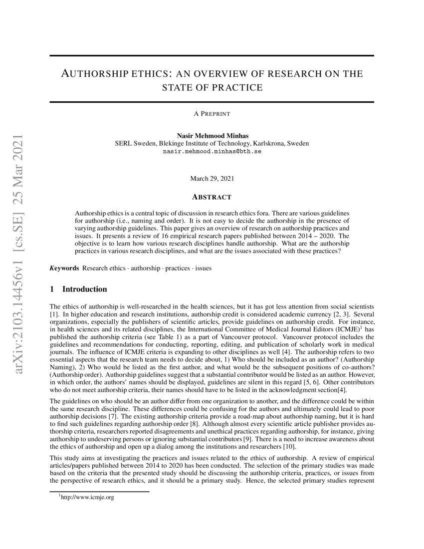 Authorship ethics: an overview of research on the state of practice ...