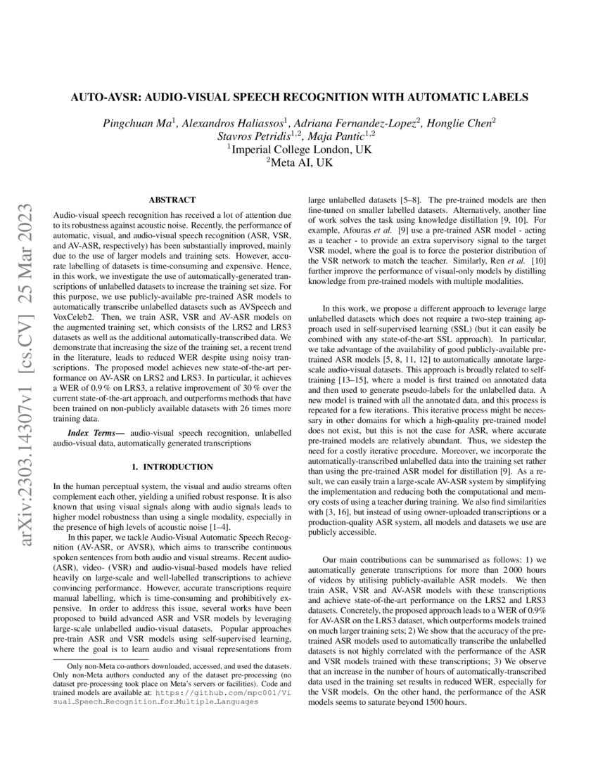 Auto-AVSR: Audio-Visual Speech Recognition with Automatic Labels | DeepAI