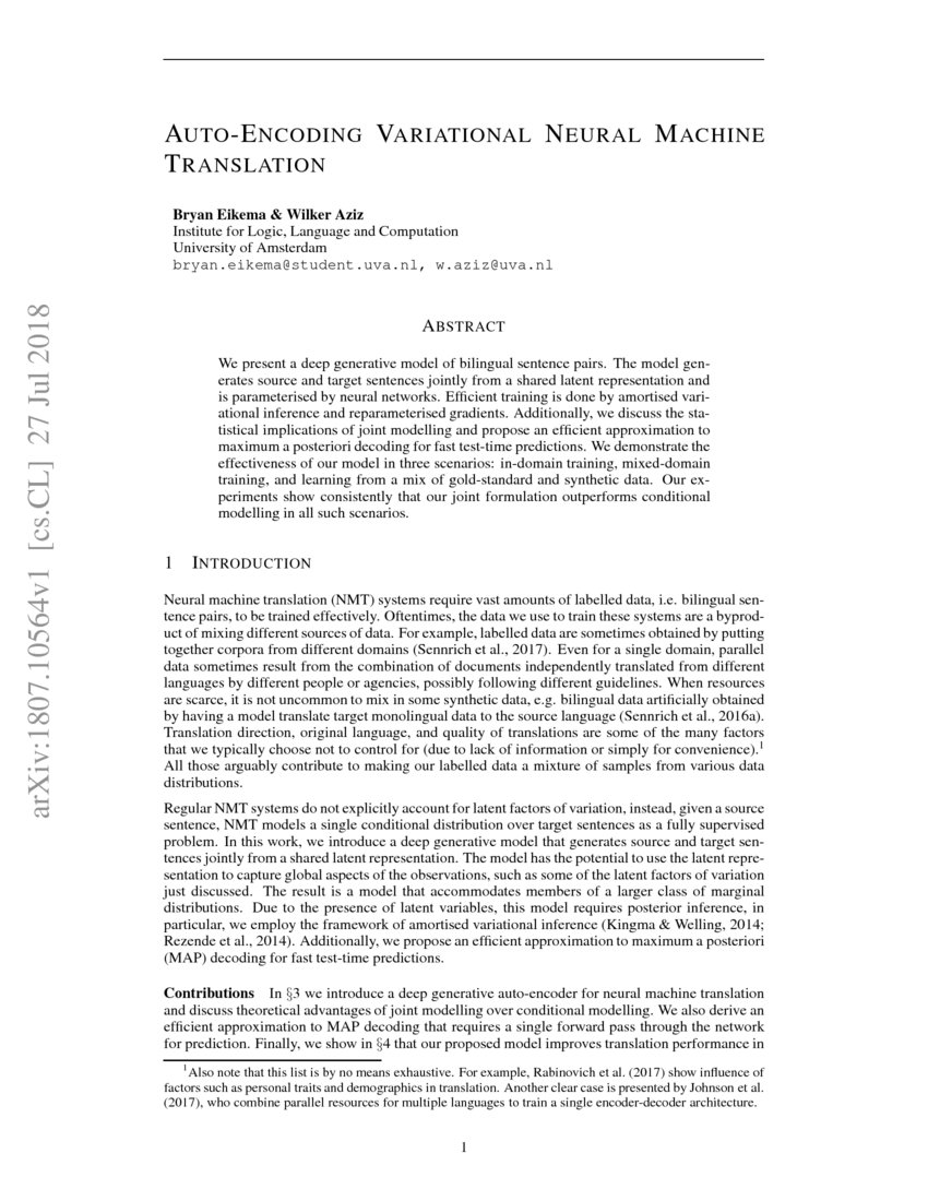 Auto Encoding Variational Neural Machine Translation Deepai