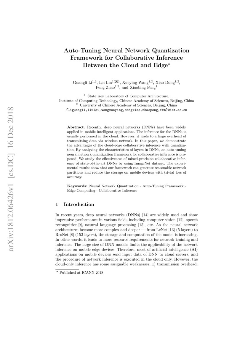 Auto-tuning Neural Network Quantization Framework for Collaborative Inference Between the Cloud ...