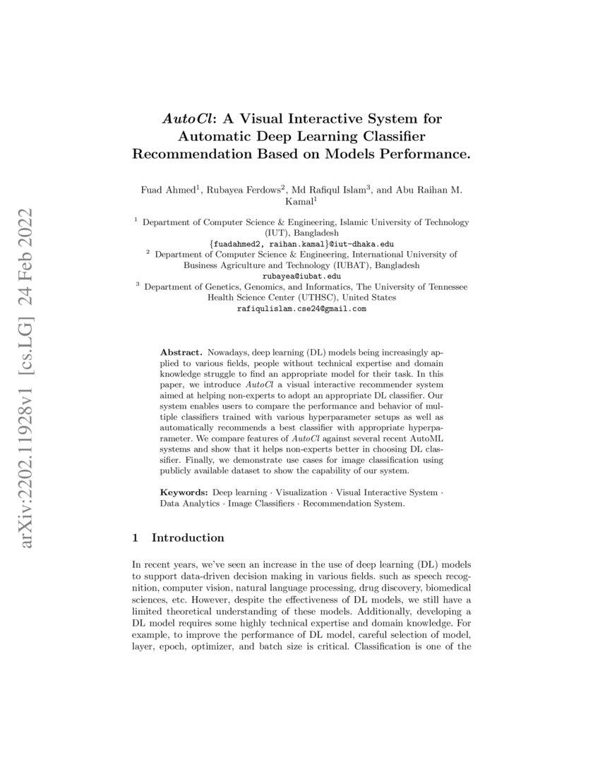 Autocl A Visual Interactive System For Automatic Deep Learning Classifier Recommendation Based