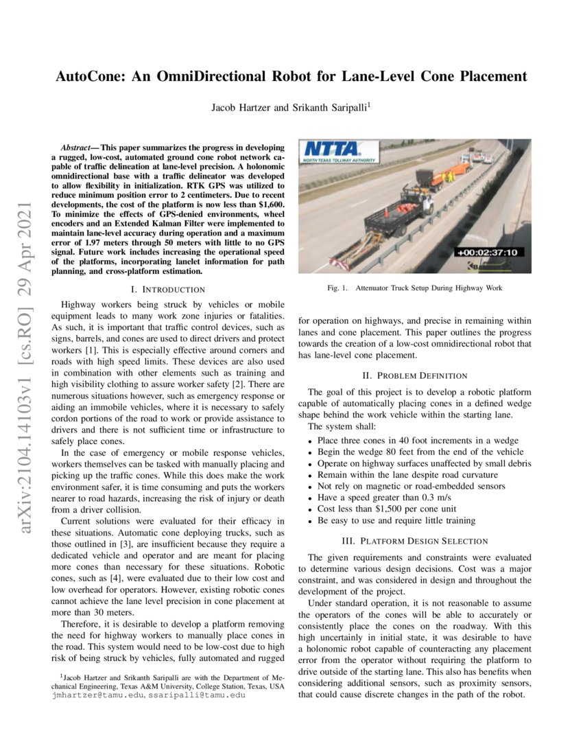 AutoCone: An OmniDirectional Robot for Lane-Level Cone Placement | DeepAI