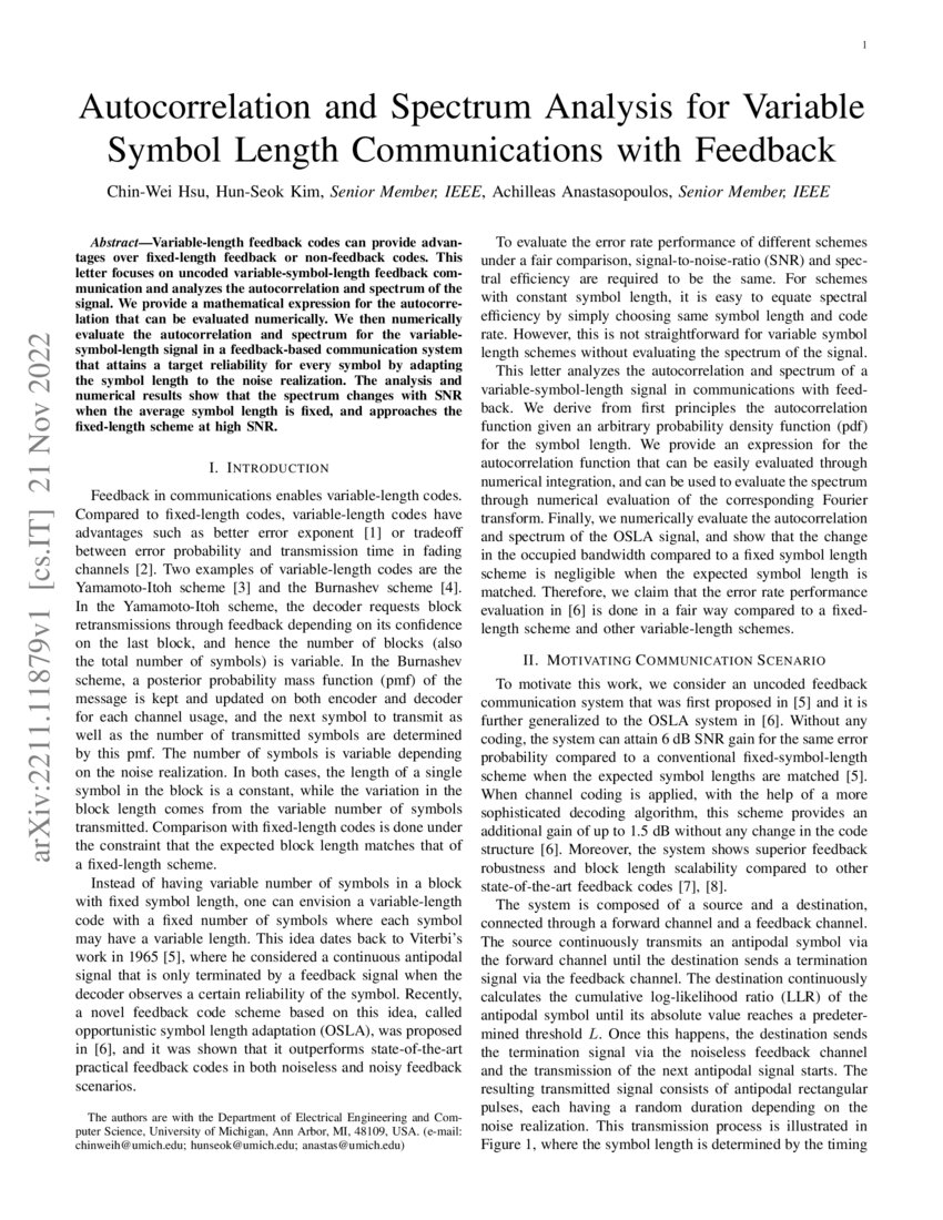 Autocorrelation and Spectrum Analysis for Variable Symbol Length Communications with Feedback ...