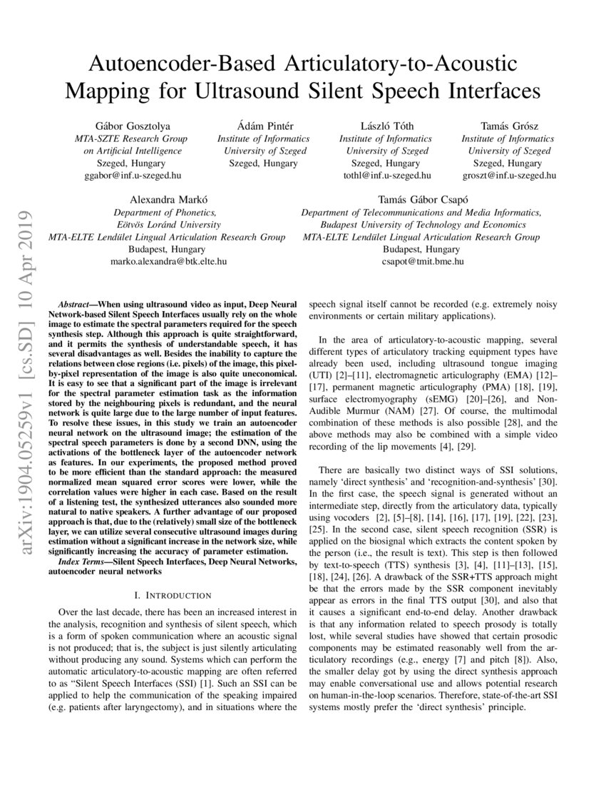 Autoencoder-Based Articulatory-to-Acoustic Mapping for Ultrasound ...