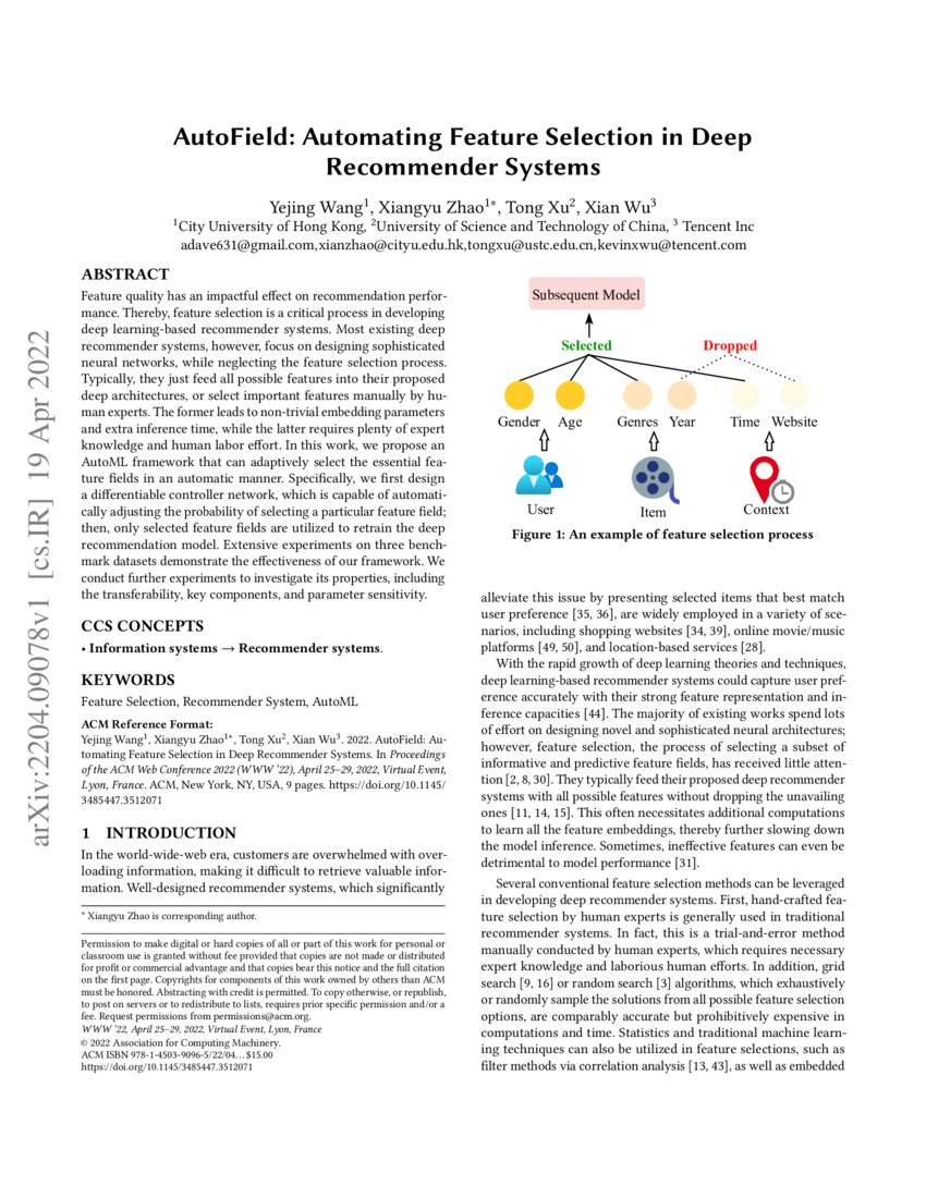 Autofield Automating Feature Selection In Deep Recommender Systems