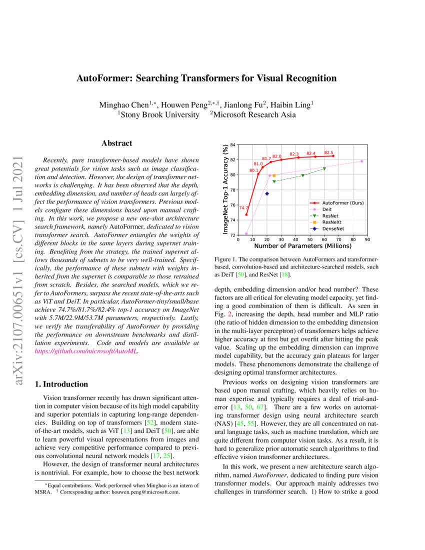 AutoFormer: Searching Transformers for Visual Recognition | DeepAI
