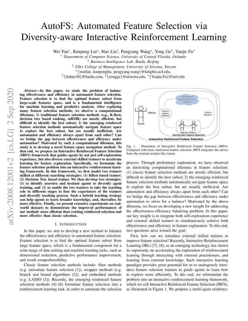 AutoFS: Automated Feature Selection via Diversity-aware Interactive Reinforcement Learning | DeepAI