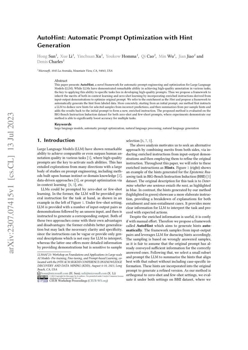 AutoHint: Automatic Prompt Optimization with Hint Generation | DeepAI