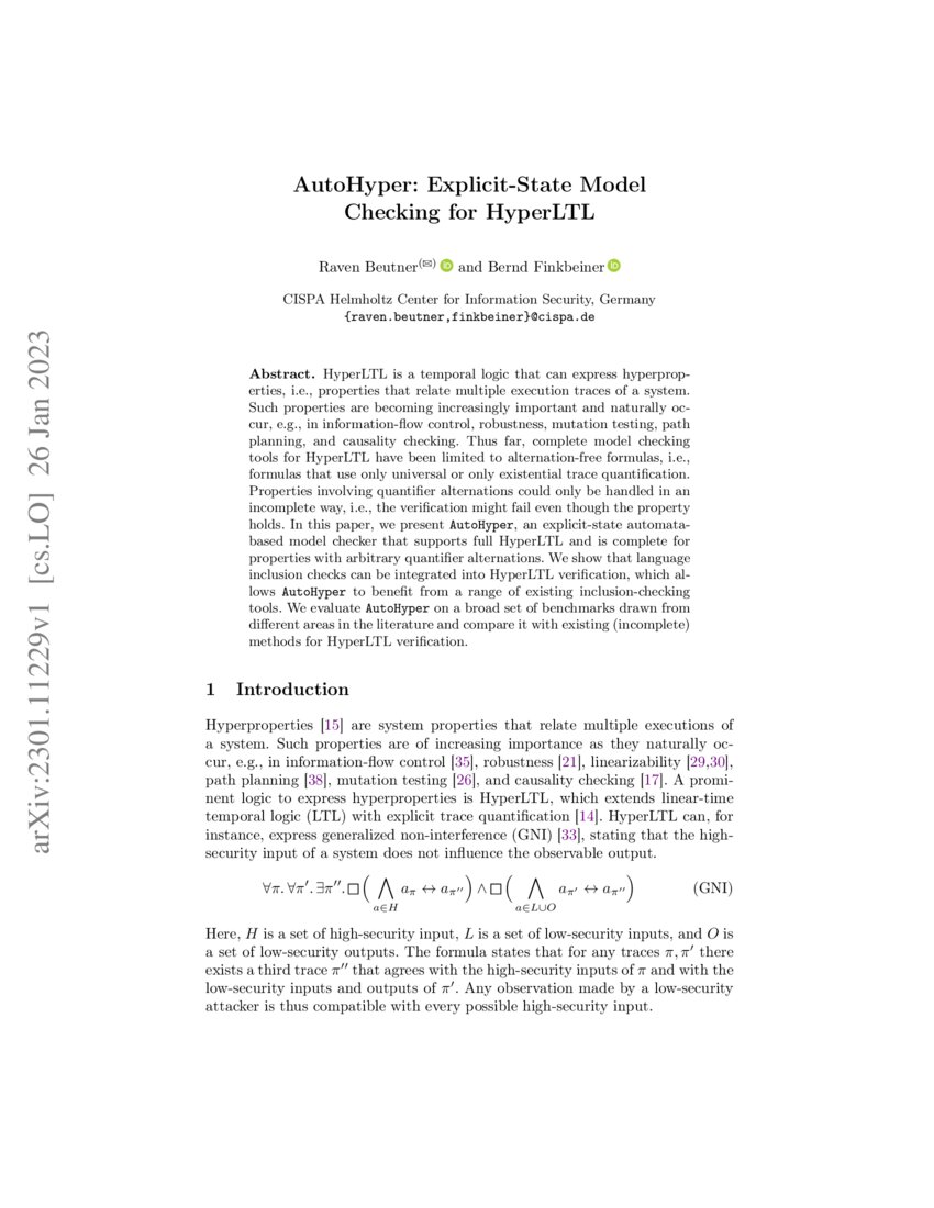 Autohyper Explicit State Model Checking For Hyperltl Deepai