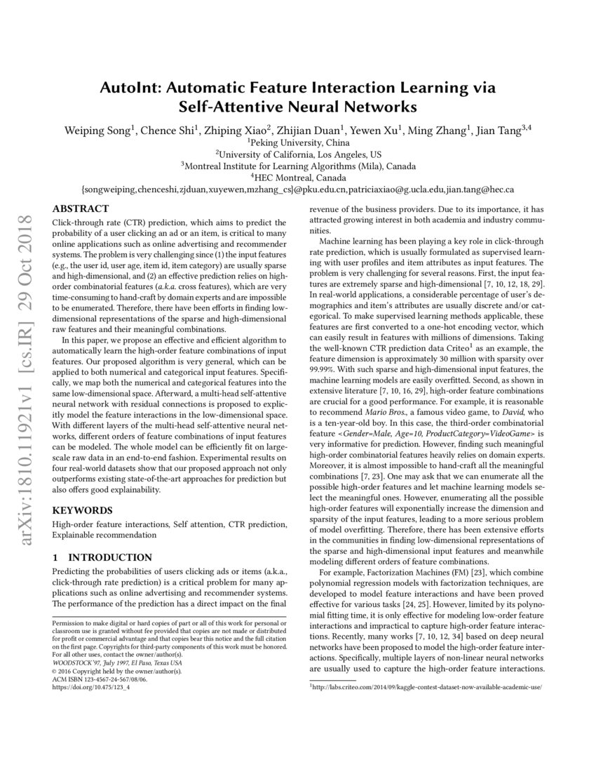 AutoInt: Automatic Feature Interaction Learning via Self-Attentive Neural Networks | DeepAI