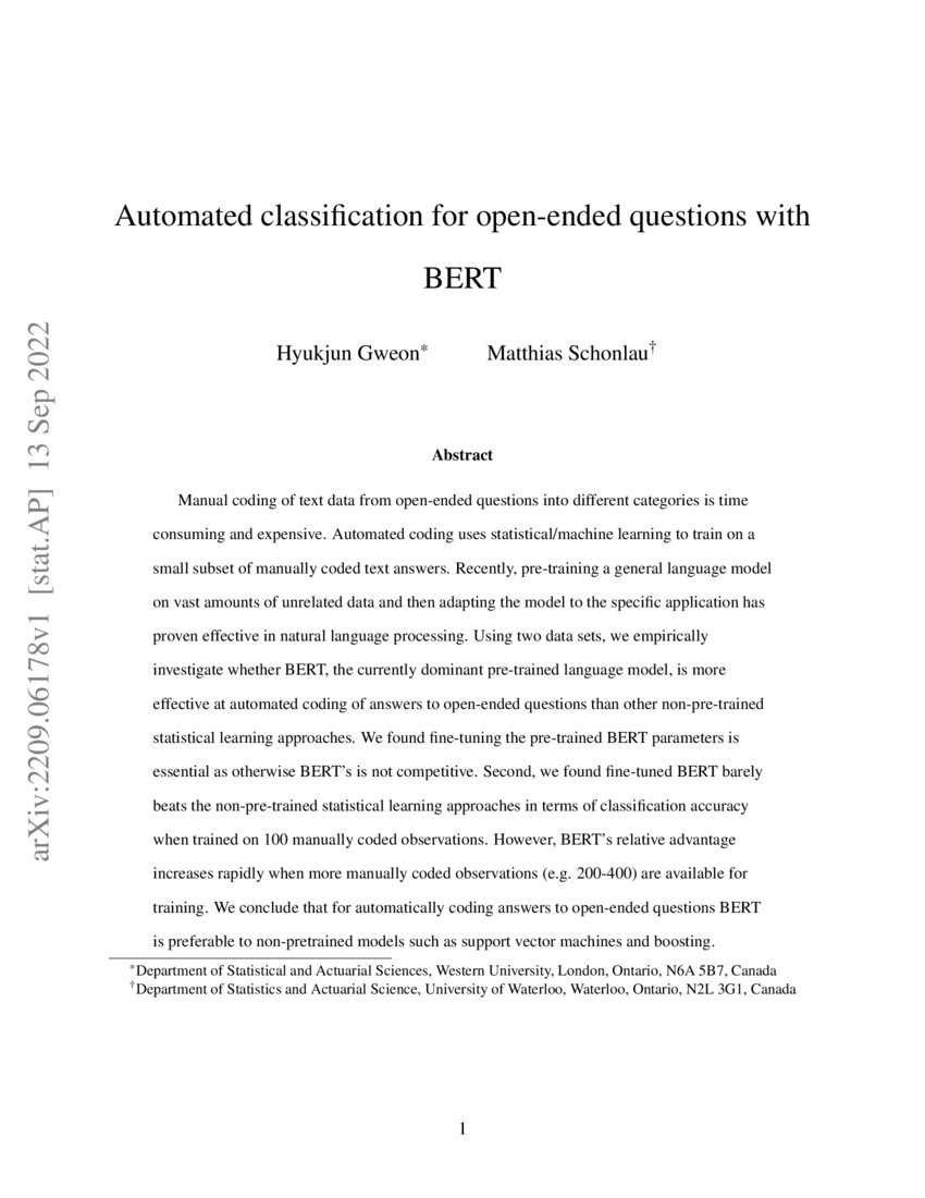 Automated classification for open-ended questions with BERT | DeepAI
