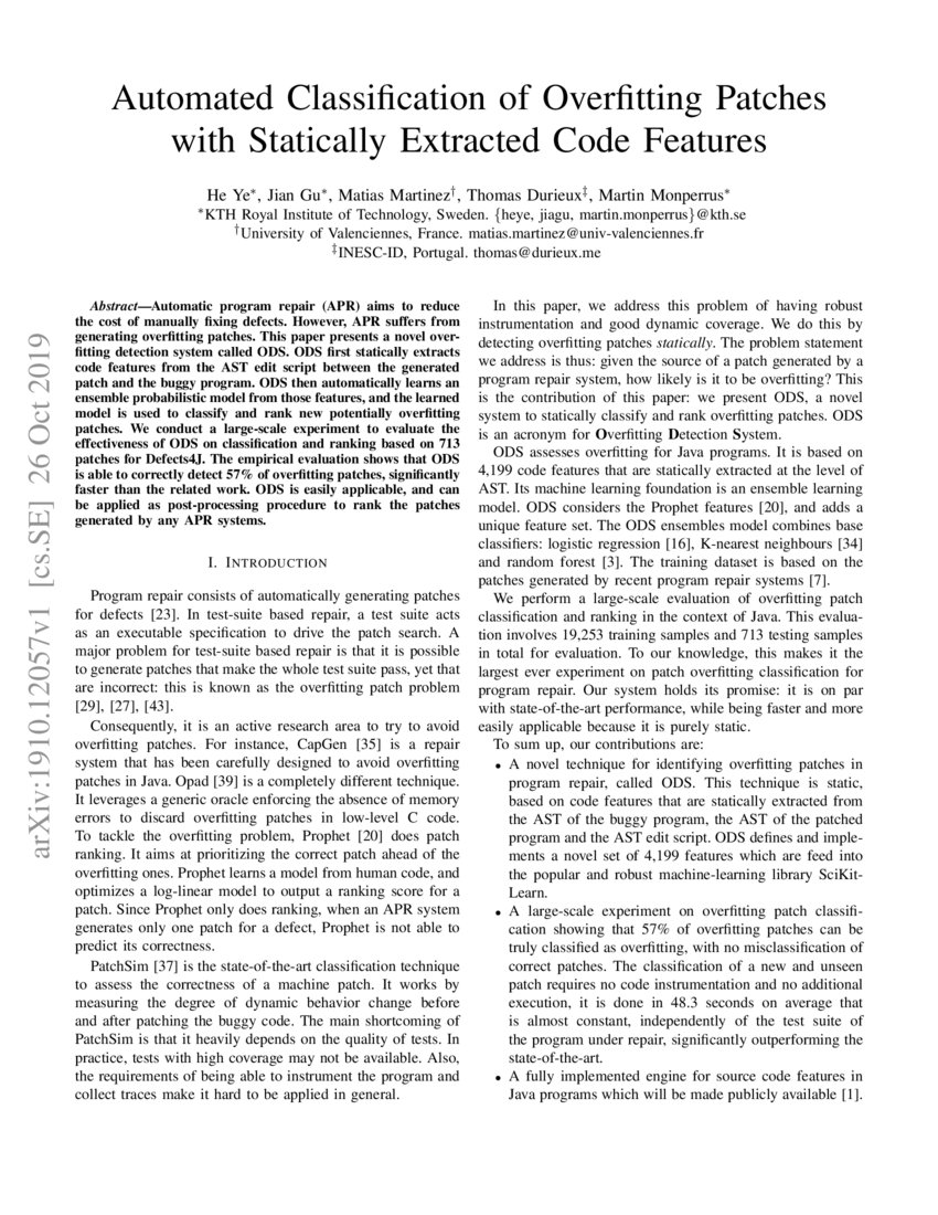 Automated Classification Of Overfitting Patches With Statically Extracted Code Features Deepai 3922