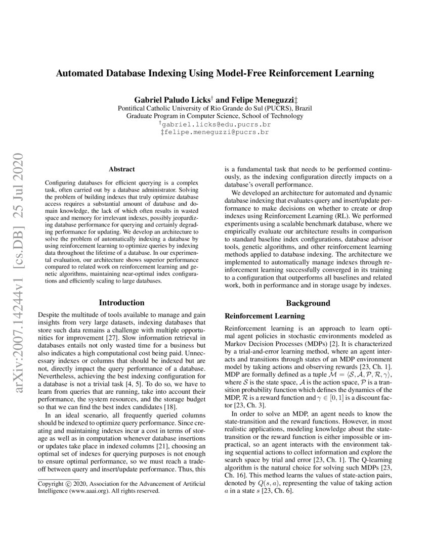 Automated Database Indexing Using Model Free Reinforcement Learning Deepai