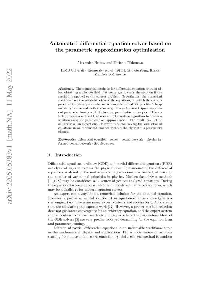 Automated Differential Equation Solver Based On The Parametric Approximation Optimization Deepai 