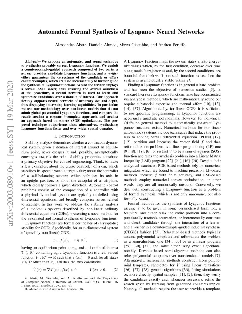 Automated Formal Synthesis of Lyapunov Neural Networks | DeepAI