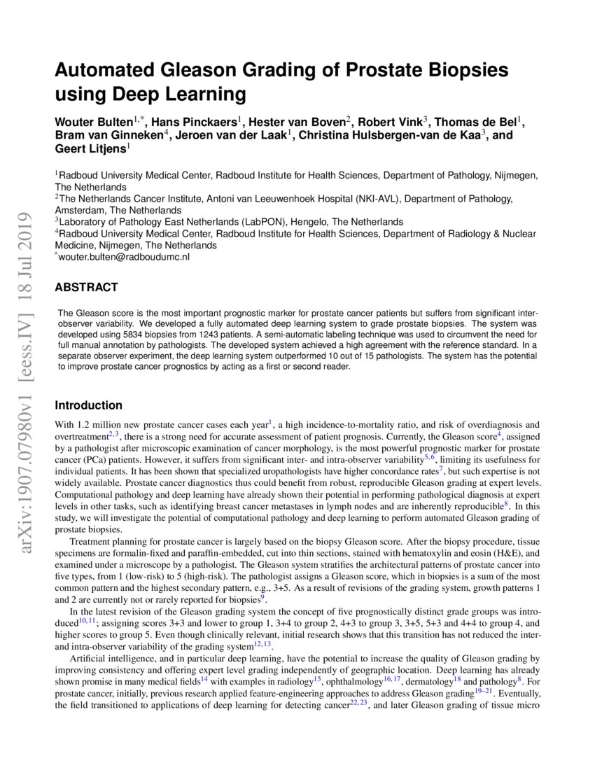 Automated Gleason Grading of Prostate Biopsies using Deep Learning | DeepAI