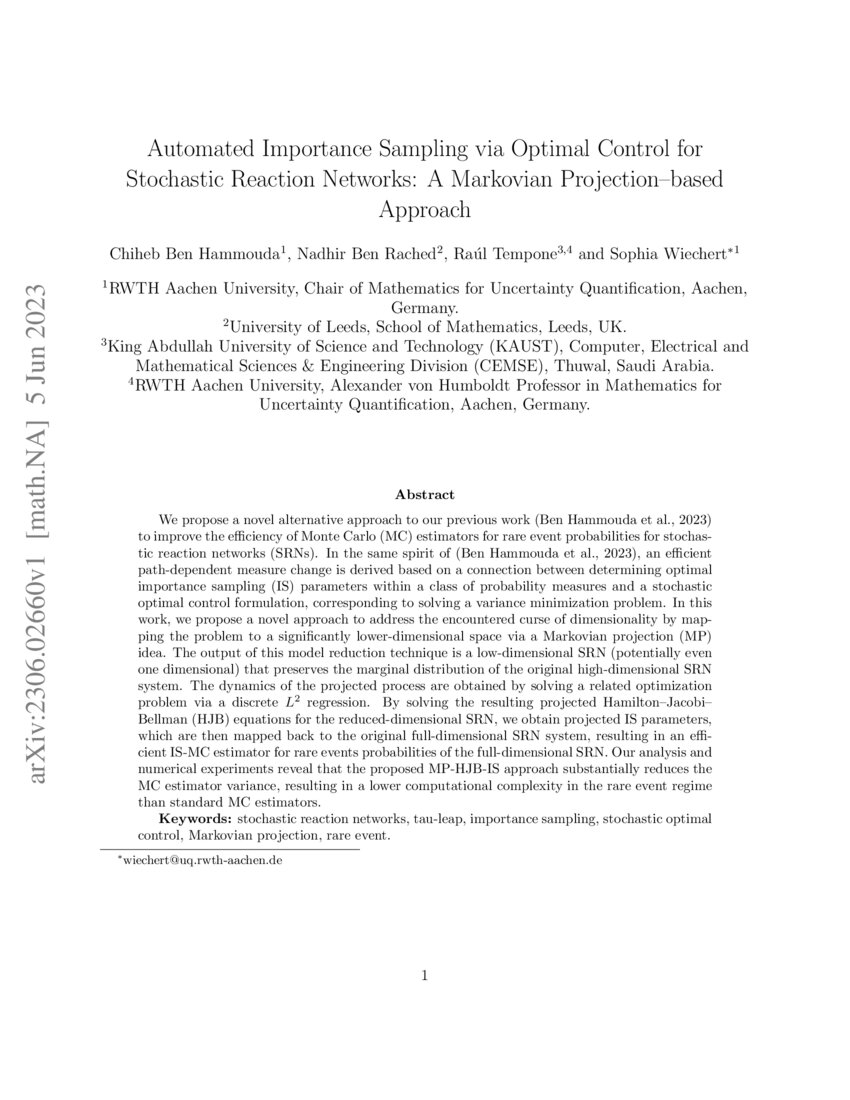 Automated Importance Sampling Via Optimal Control For Stochastic Reaction Networks A Markovian