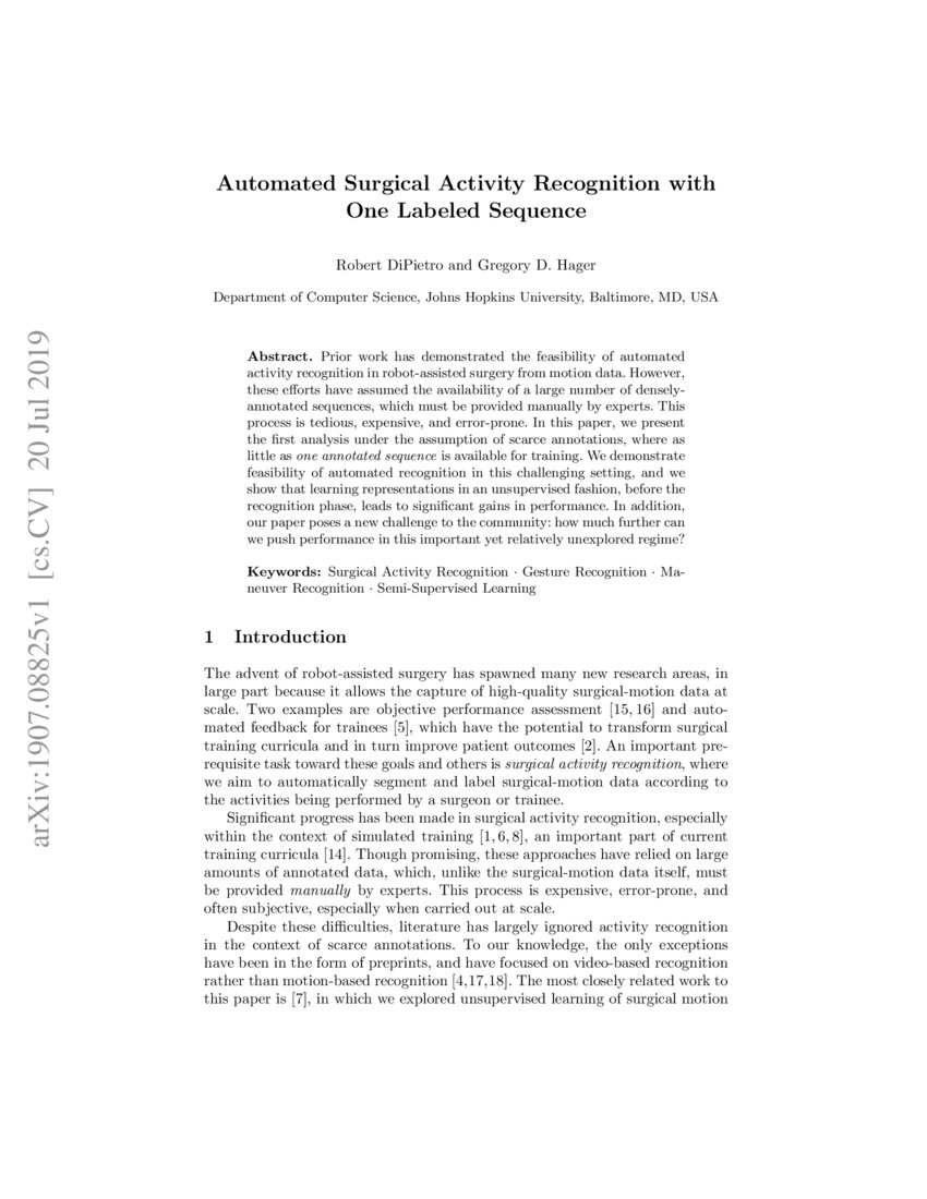 Automated Surgical Activity Recognition with One Labeled Sequence | DeepAI