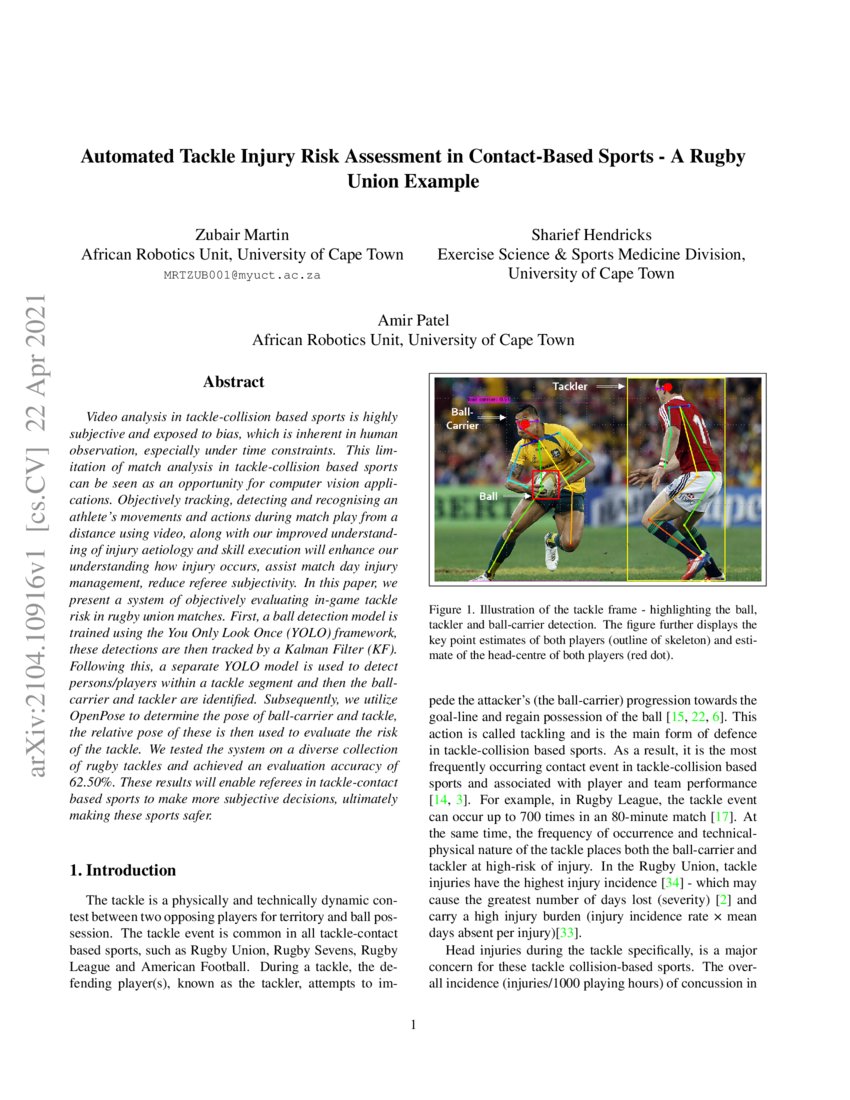 Automated Tackle Injury Risk Assessment in Contact-Based Sports – A ...