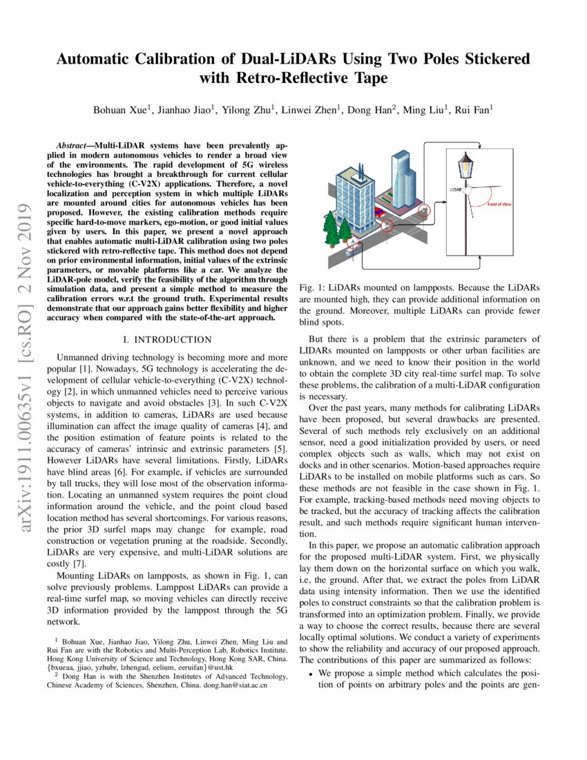 Automatic Calibration Of Dual Lidars Using Two Poles Stickered With Retro Reflective Tape Deepai