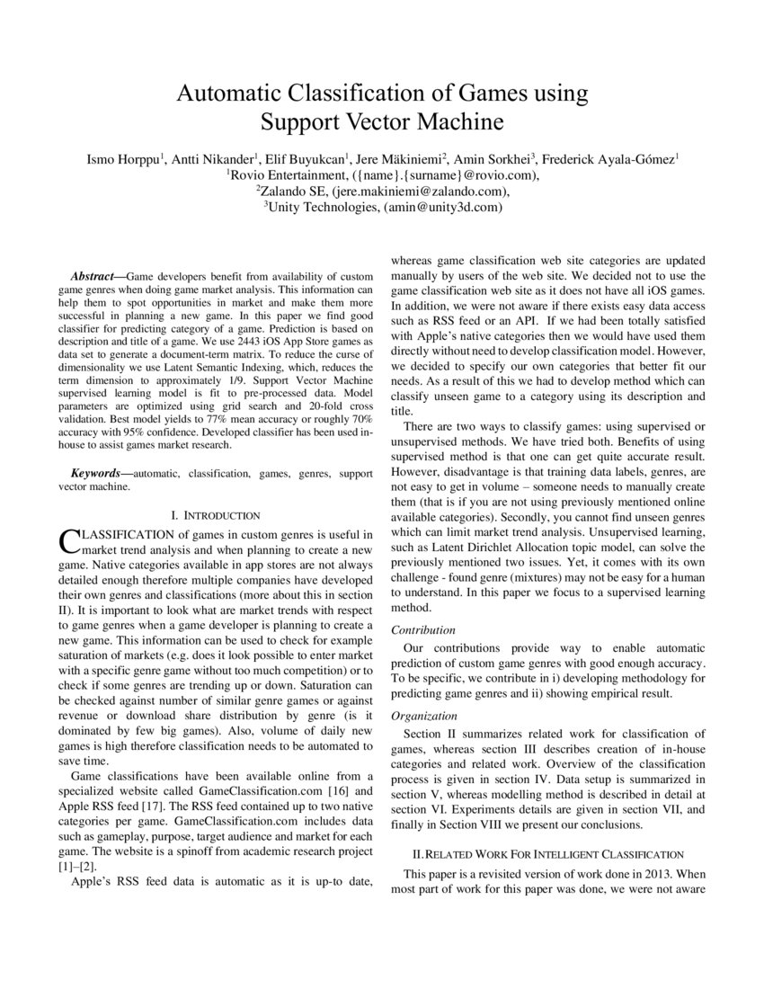 Automatic Classification of Games using Support Vector Machine | DeepAI