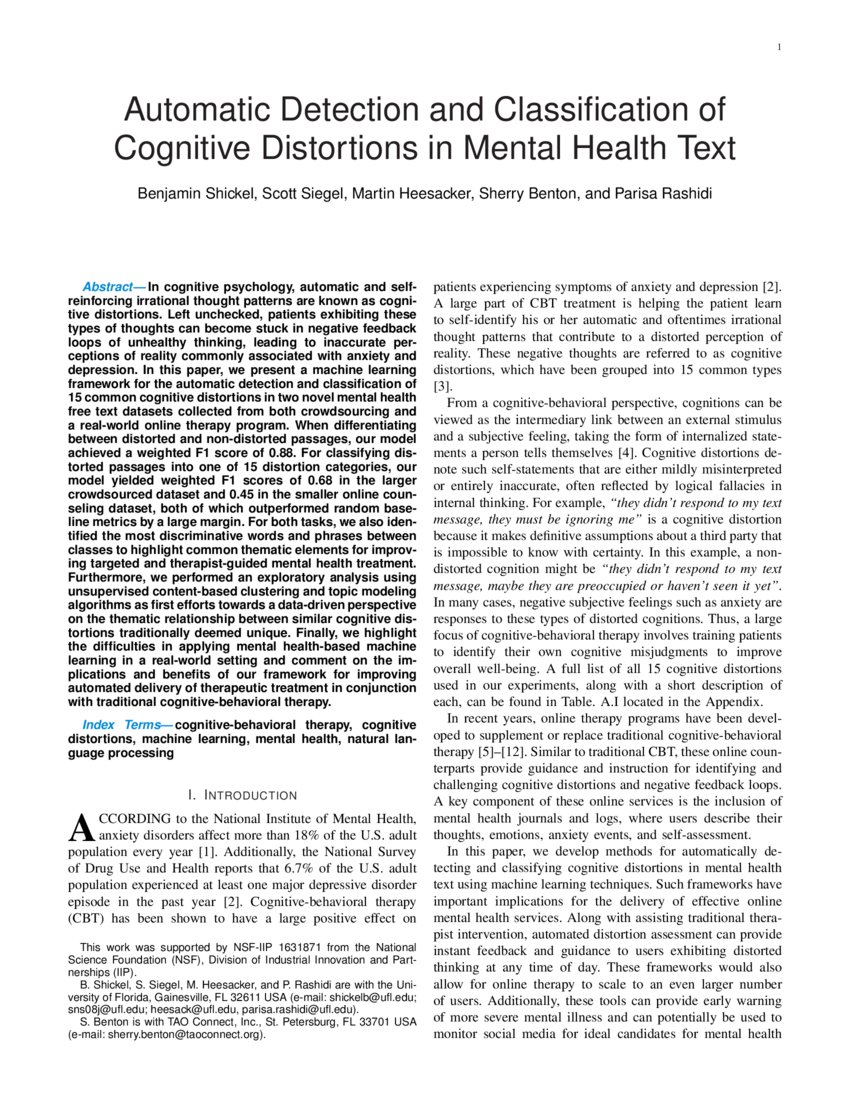 Automatic Detection And Classification Of Cognitive Distortions In Mental Health Text Deepai