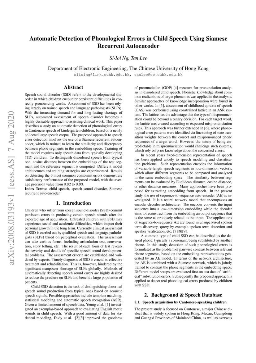 Automatic Detection of Phonological Errors in Child Speech Using Siamese Recurrent Autoencoder ...