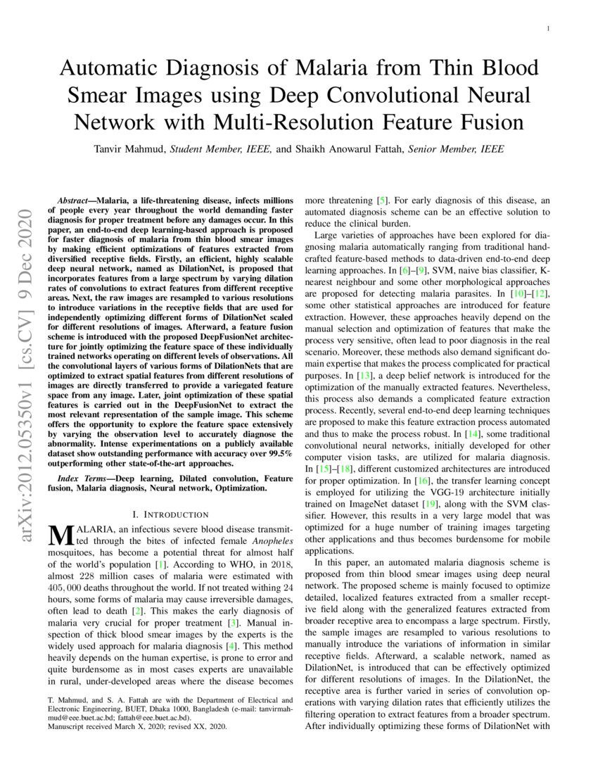 Automatic Diagnosis of Malaria from Thin Blood Smear Images using Deep Convolutional Neural ...