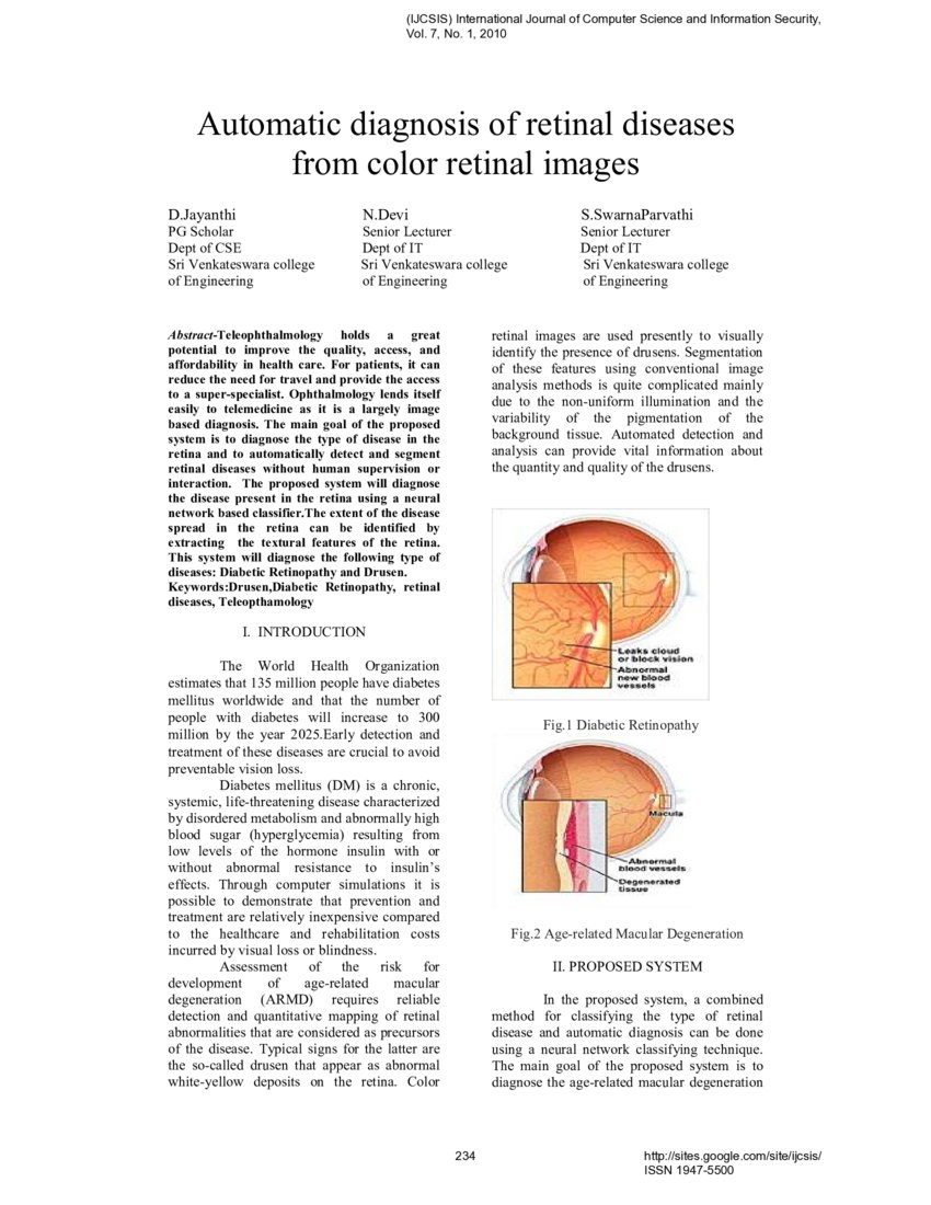 Automatic diagnosis of retinal diseases from color retinal images | DeepAI