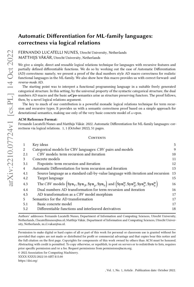 Automatic Differentiation for ML-family languages: correctness via logical relations | DeepAI