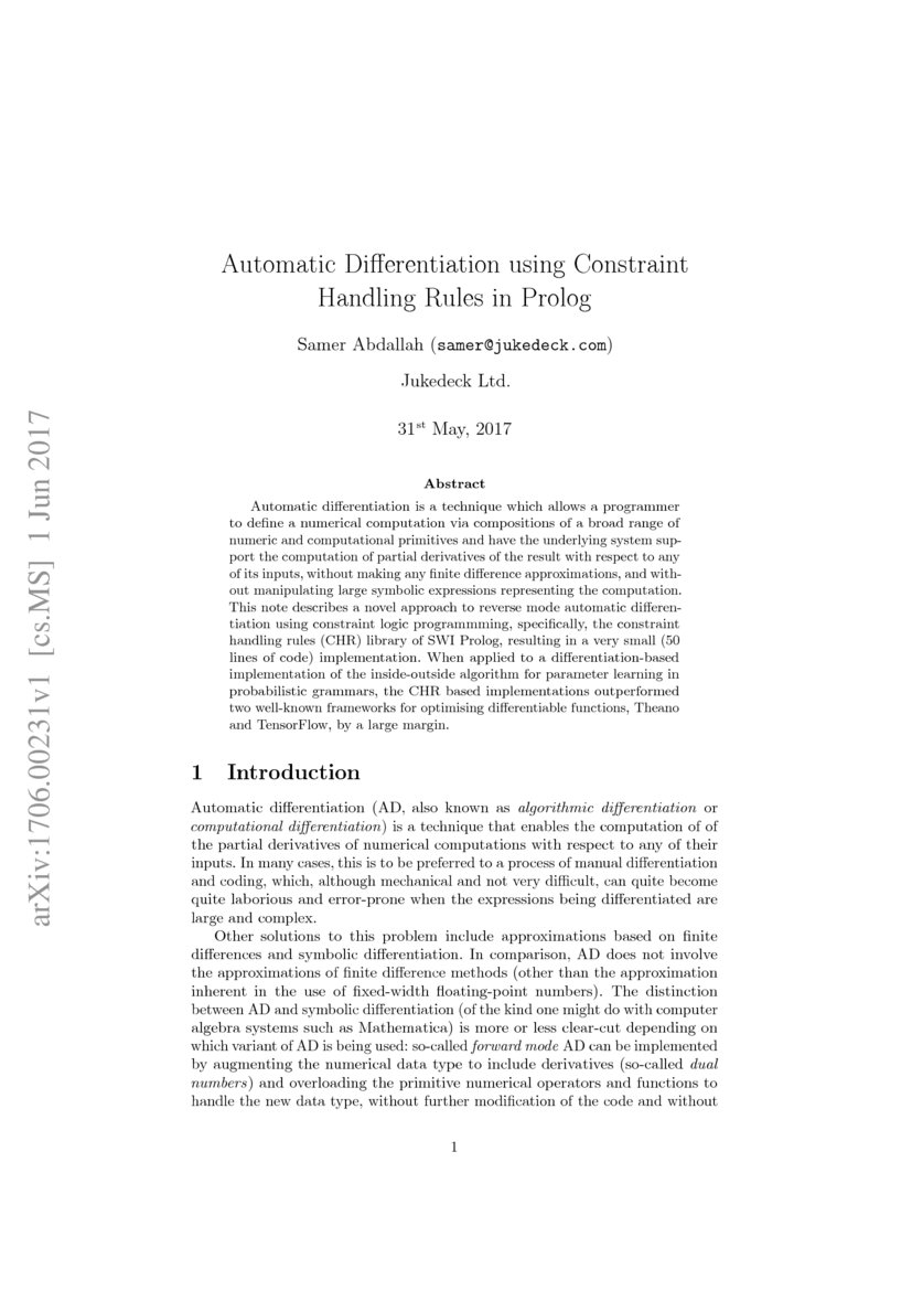 Automatic Differentiation Using Constraint Handling Rules In Prolog Deepai