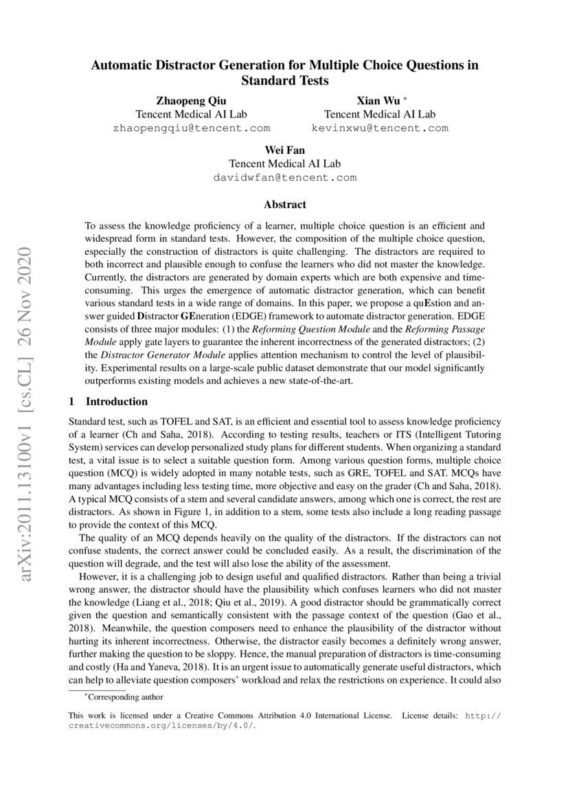 Automatic Distractor Generation for Multiple Choice Questions in ...