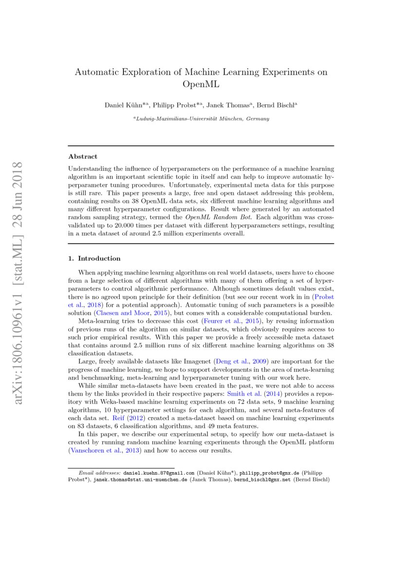 Automatic Exploration of Machine Learning Experiments on OpenML | DeepAI