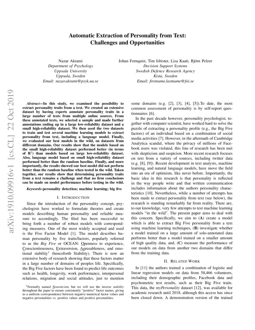 Automatic Extraction of Personality from Text: Challenges and ...