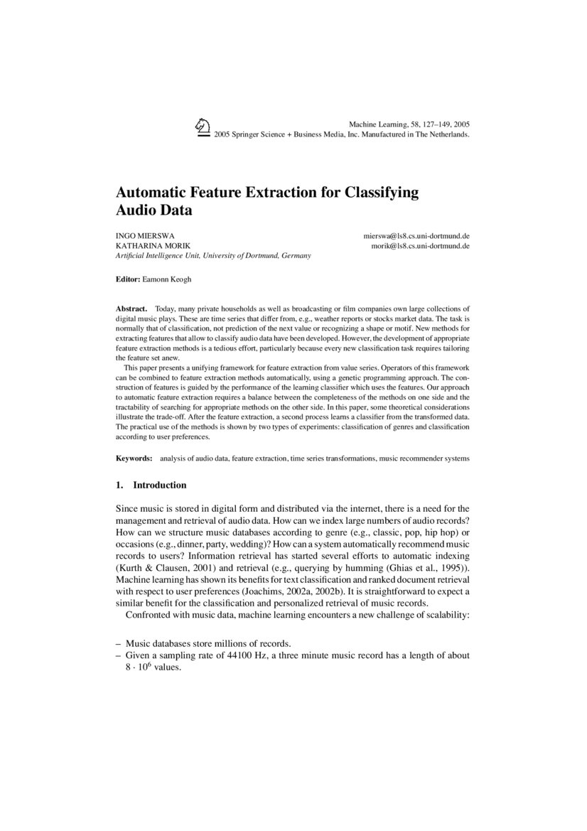 Automatic Feature Extraction For Classifying Audio Data Deepai