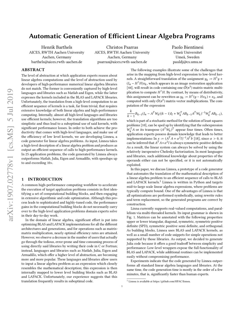 Automatic Generation of Efficient Linear Algebra Programs | DeepAI