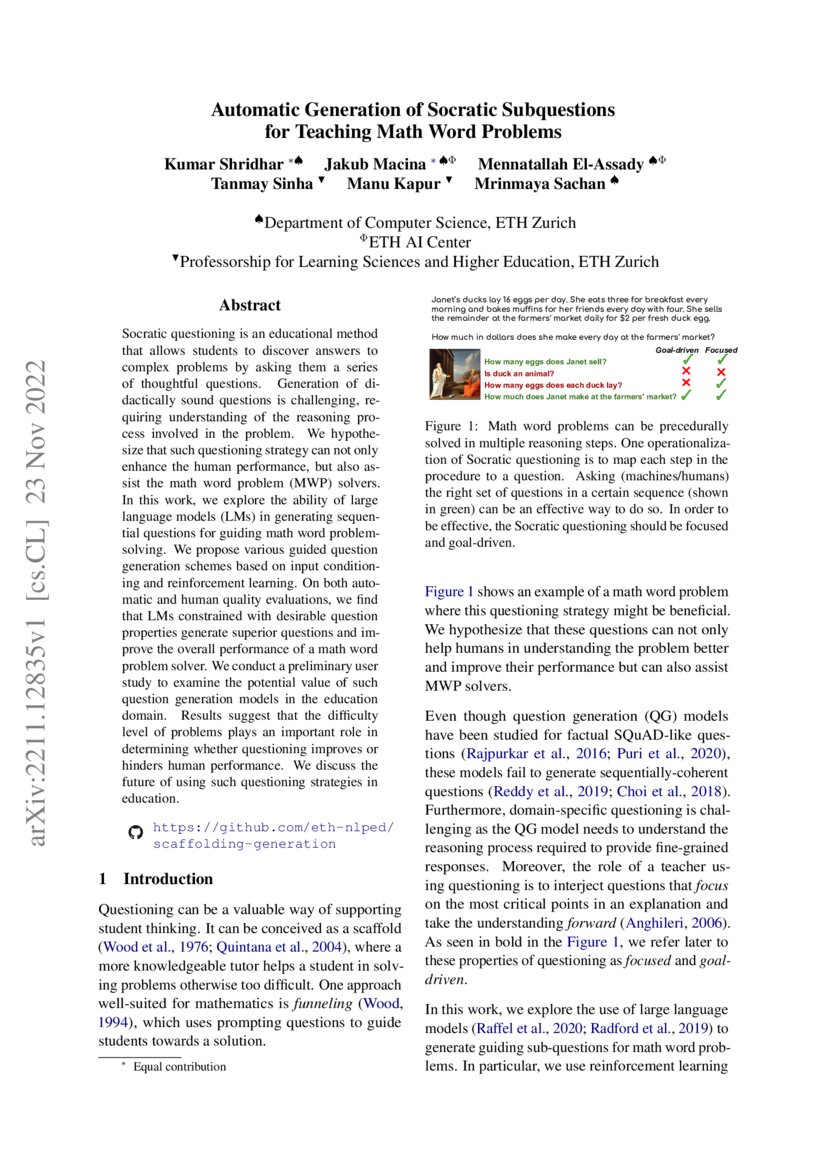 Automatic Generation of Socratic Subquestions for Teaching Math Word Problems | DeepAI