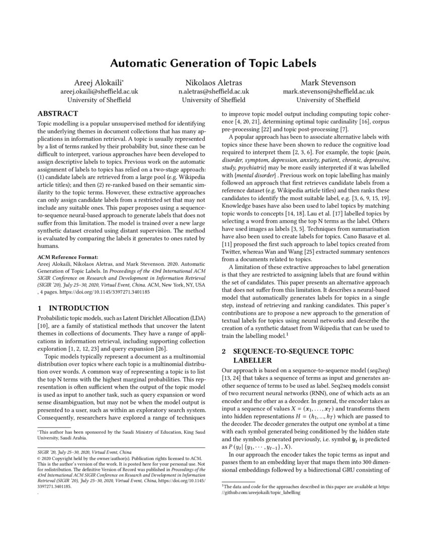 Automatic Generation of Topic Labels | DeepAI