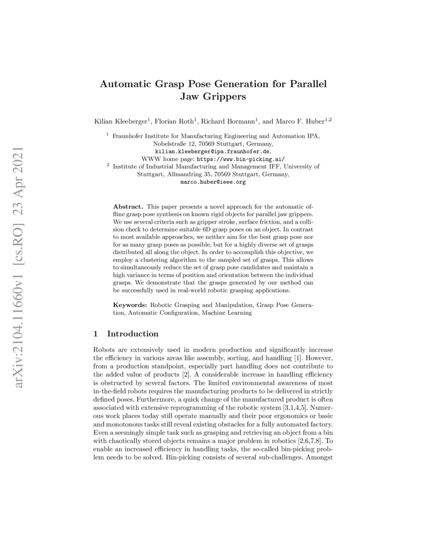 Automatic Grasp Pose Generation for Parallel Jaw Grippers | DeepAI
