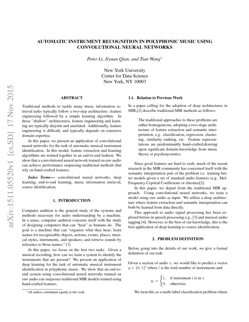 Automatic Instrument Recognition In Polyphonic Music Using Convolutional Neural Networks Deepai