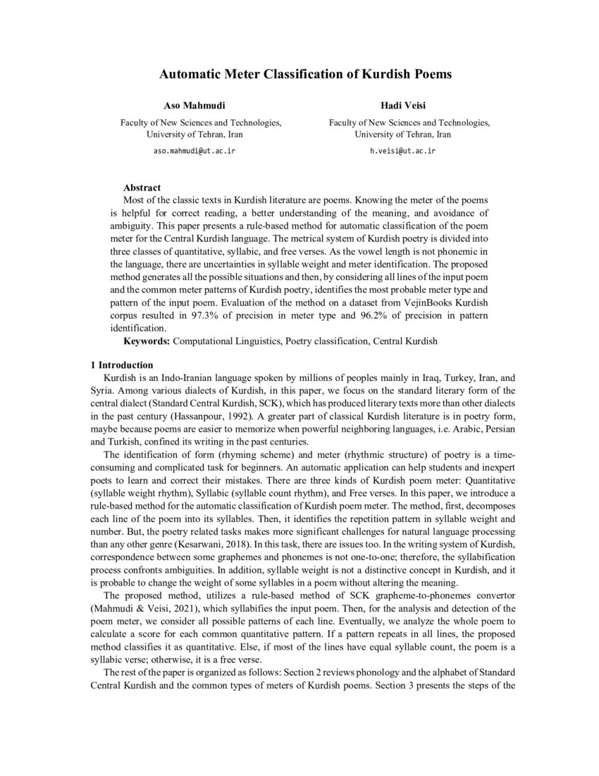 Automatic Meter Classification of Kurdish Poems | DeepAI