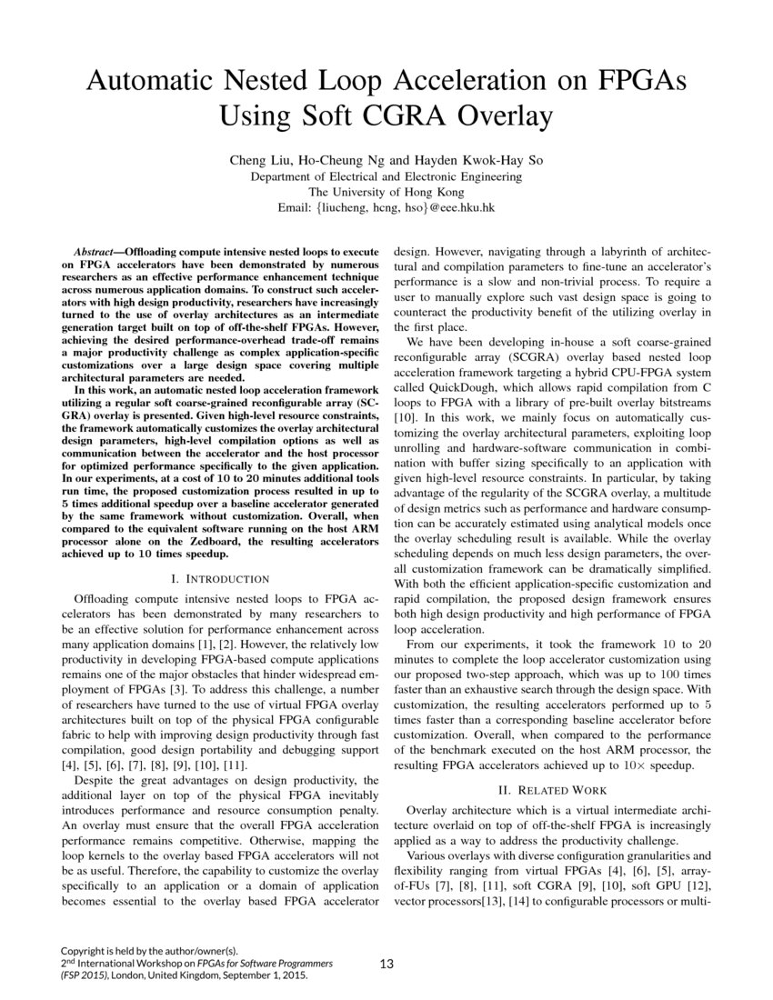 Automatic Nested Loop Acceleration on FPGAs Using Soft CGRA Overlay | DeepAI