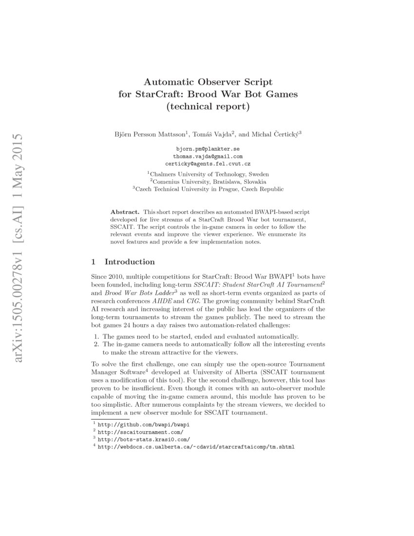 Automatic Observer Script for StarCraft: Brood War Bot Games (technical ...