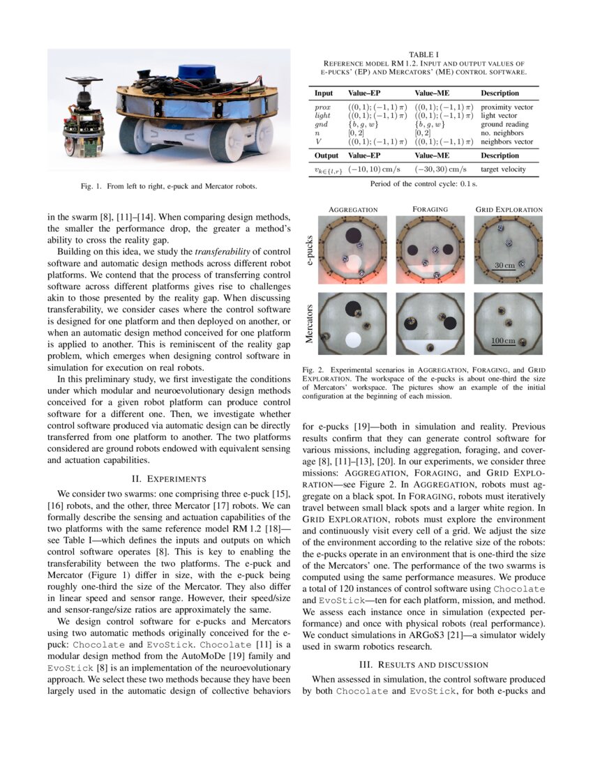Automatic Off Line Design Of Robot Swarms Exploring The Transferability Of Control Software And
